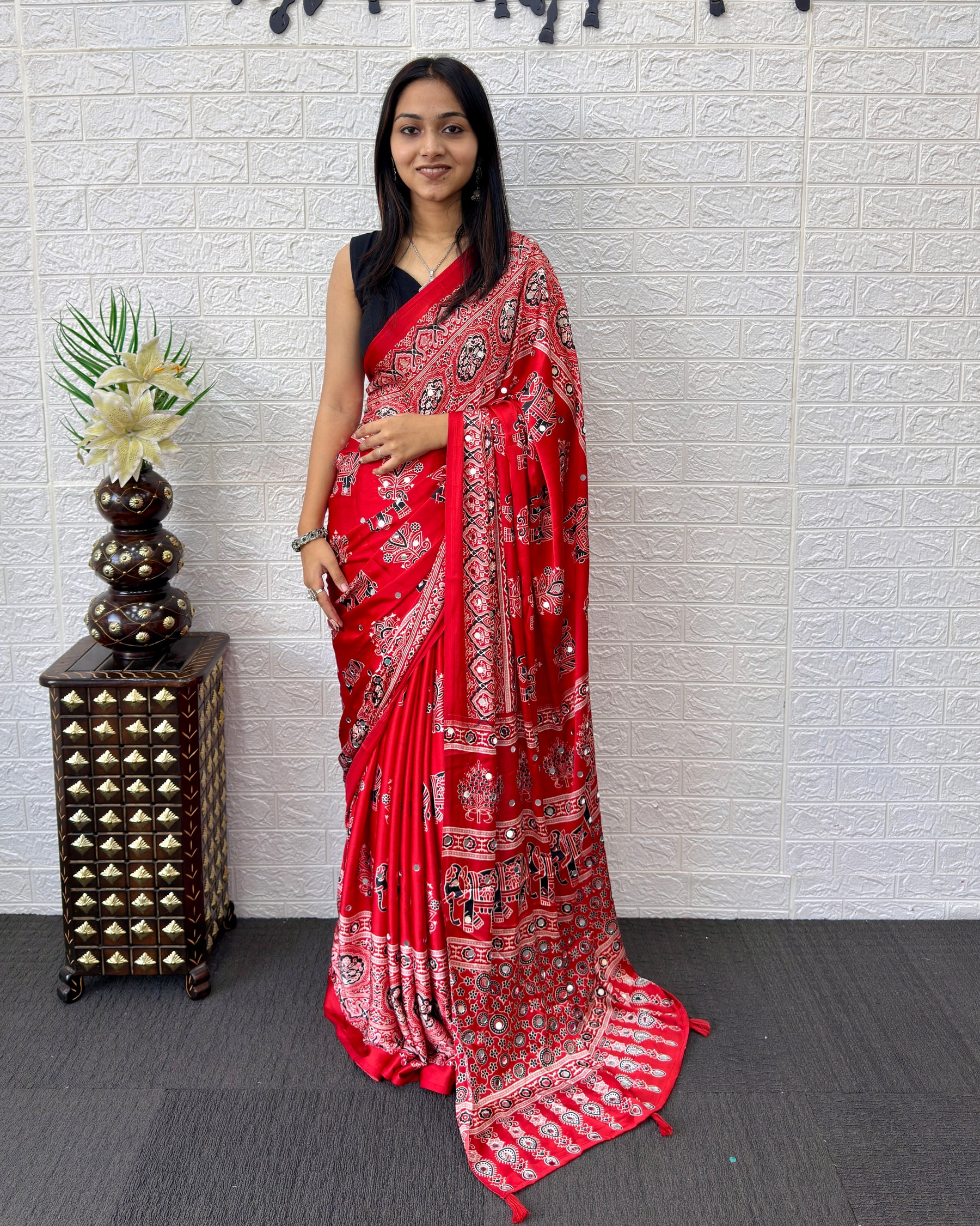 Rust Red Modal Silk Saree with Elephant Motif Ajrakh Print & Designer ...