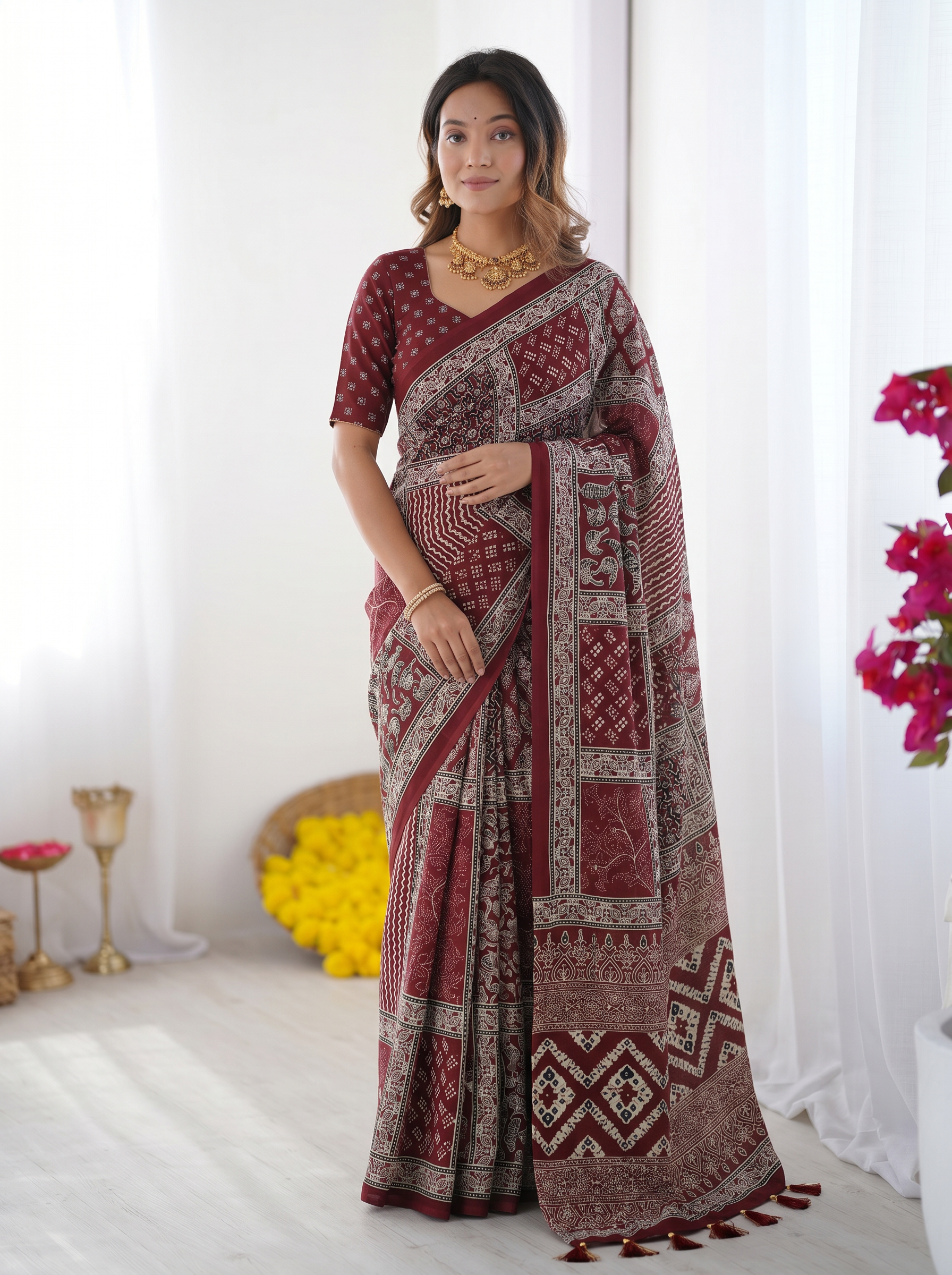 Maroon Modal Silk Saree with Tribal & Geometric Print | Designer Ethni ...